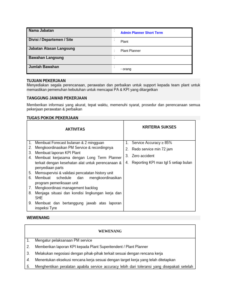 Admin Planner Short Term Job Desc | PDF