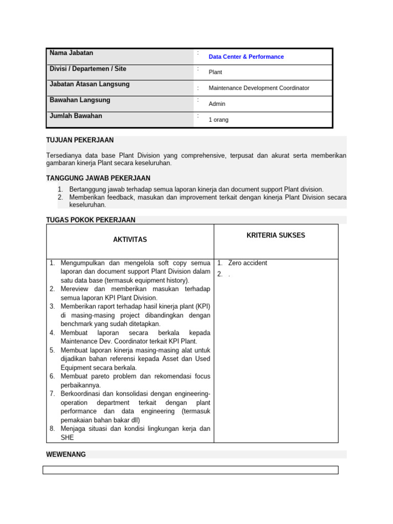 Data Center Dan Performance Job Desc | PDF