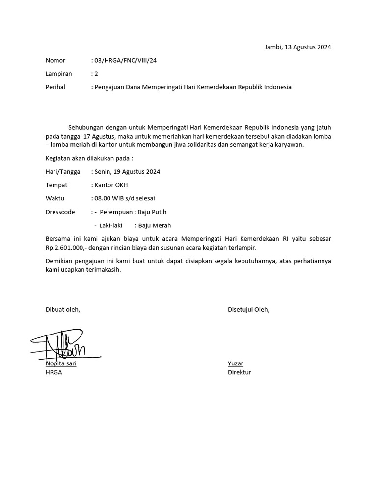 Pengajuan Dana 17 Agustus 2024 | PDF