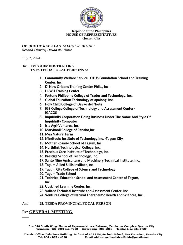 TESDA MEETING (Communication Letter) | PDF