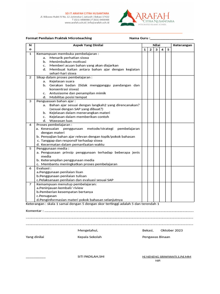 Format Penilaian Praktek Microteaching Arafah | PDF