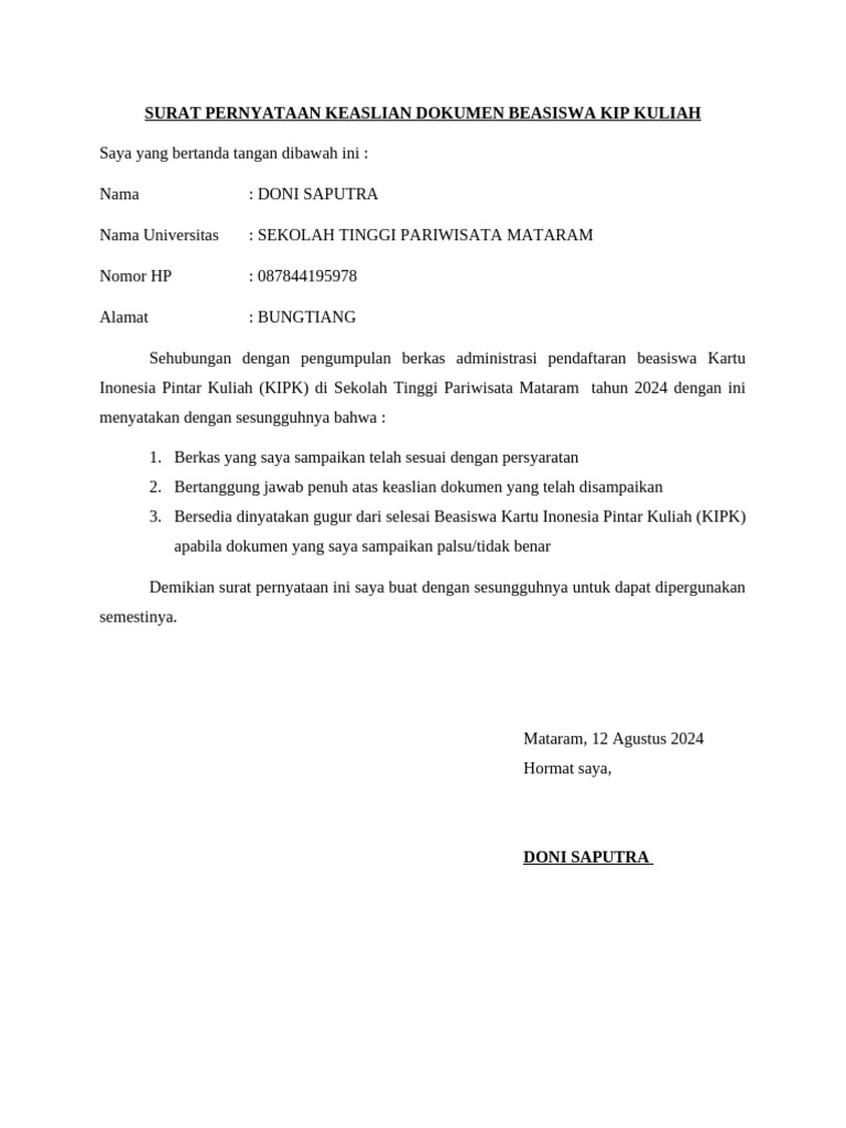 SURAT PERNYATAAN KEASLIAN DOKUMEN BEASISWA KIP KULIAH 2024 | PDF
