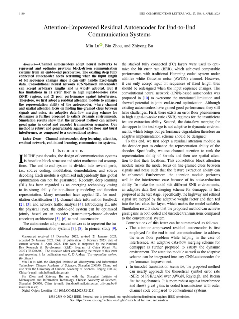 Attention-Empowered Residual Autoencoder For End-to-End Communication Systems | PDF