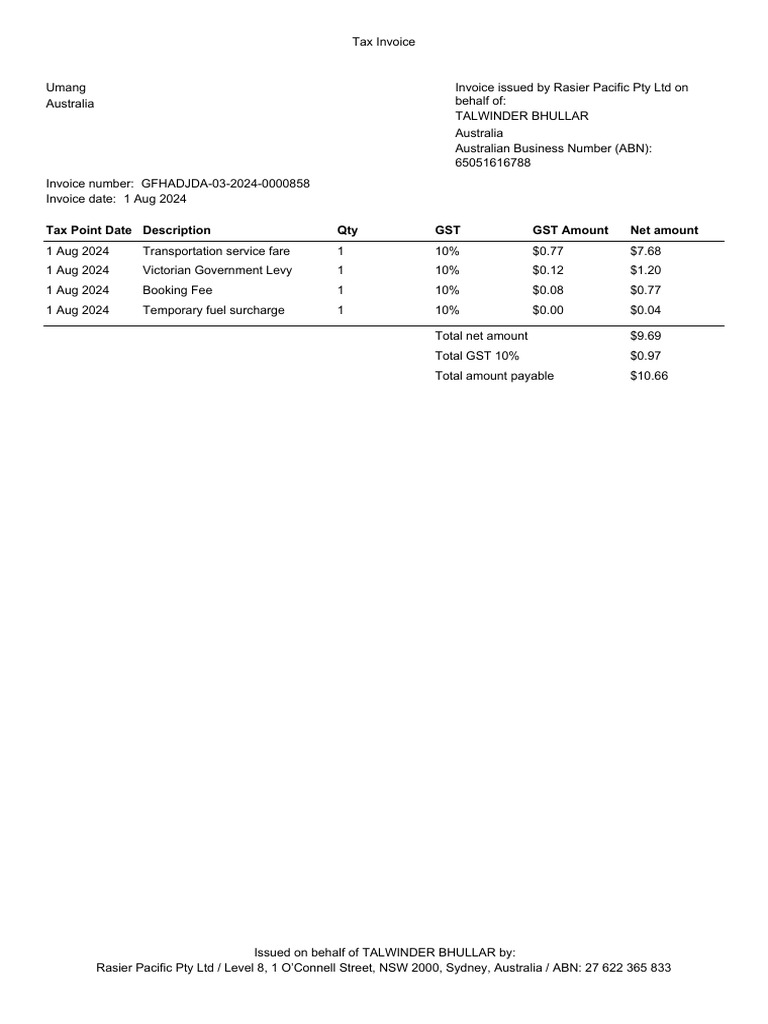 Uber Invoice 1 Aug | PDF