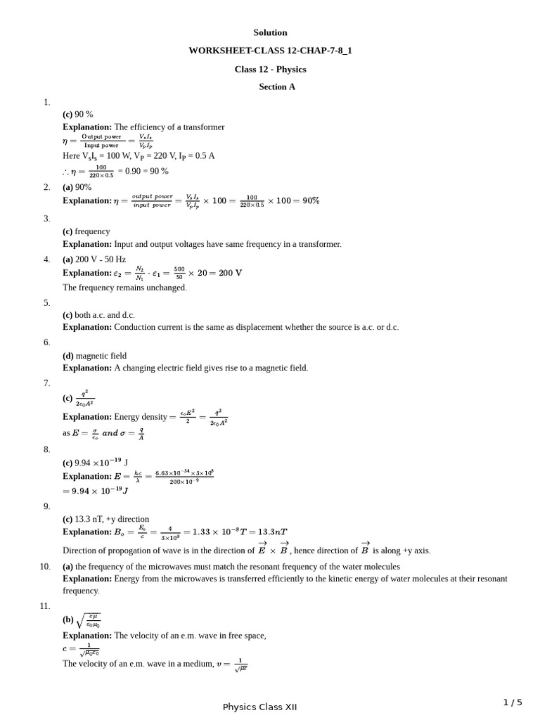 Worksheet Class 12 Chap 7 8 1 Solutions | PDF
