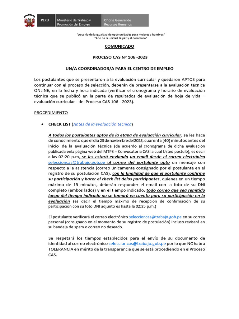 Comunicado Resultado Evaluación Curricular para Eva Tecnica 106 - 2023 | PDF
