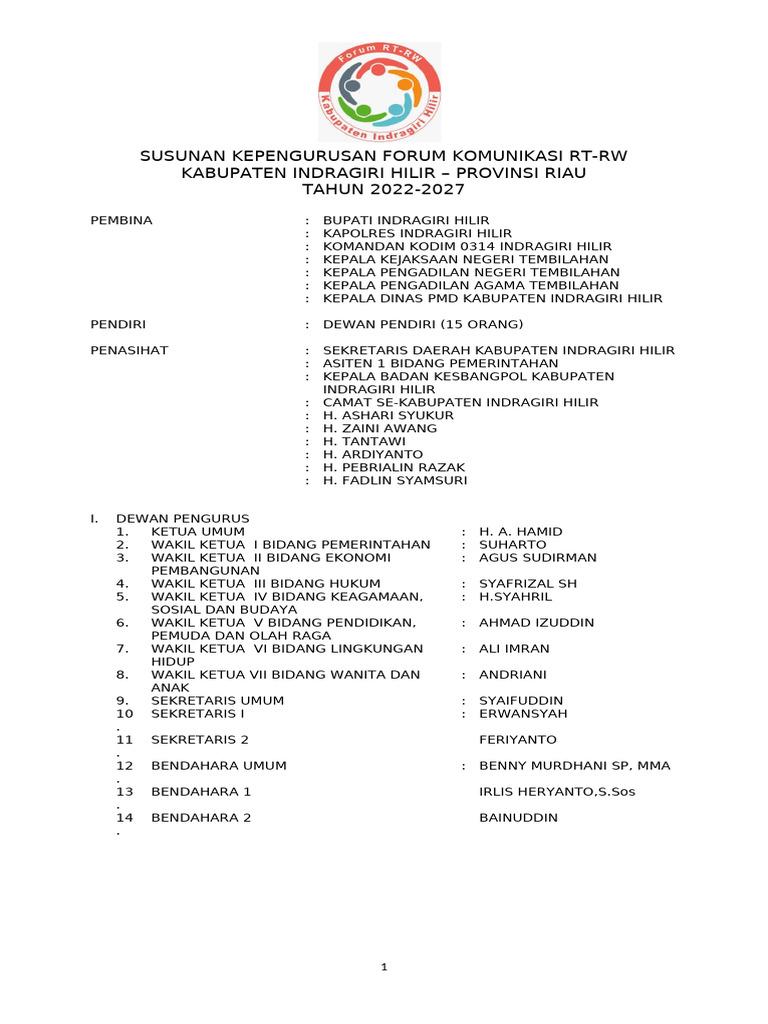 Draft Struktur Organisasi Forum Komunikasi RT RW Inhil | PDF