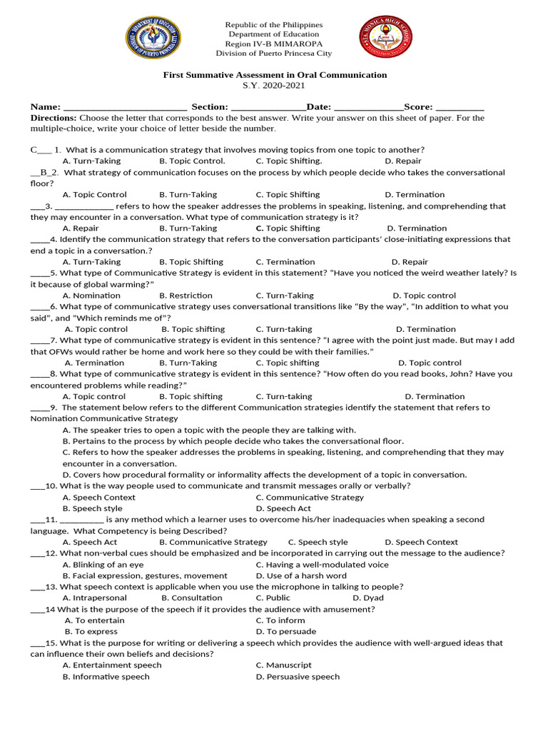 Second Summative Assessment in Oral Communication | PDF