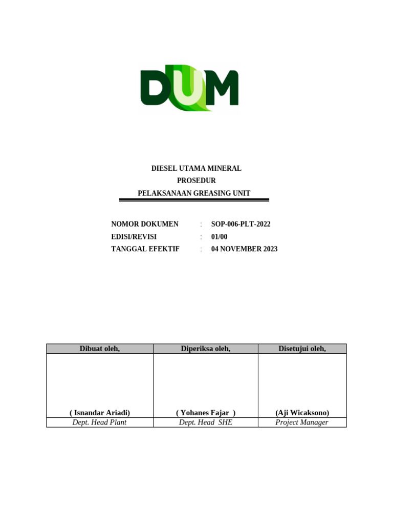SOP-006-PLT-2022 Pelaksanaan Greasing Unit (REV) | PDF