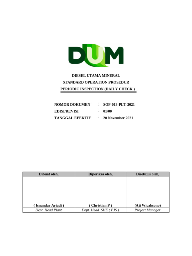 SOP-013-PLT-2022 Periodic Inspection ( Daily Check ) ( REV ) | PDF