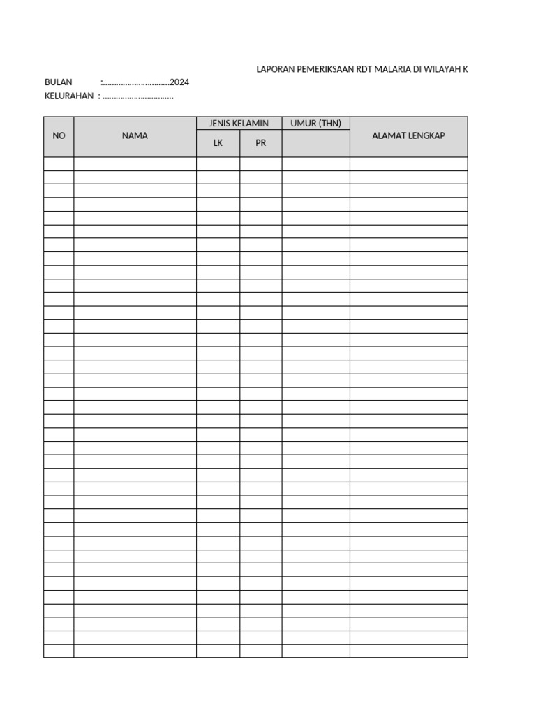 Format Laporan Pemeriksaan RDT Malaria Tahun 2024 | PDF
