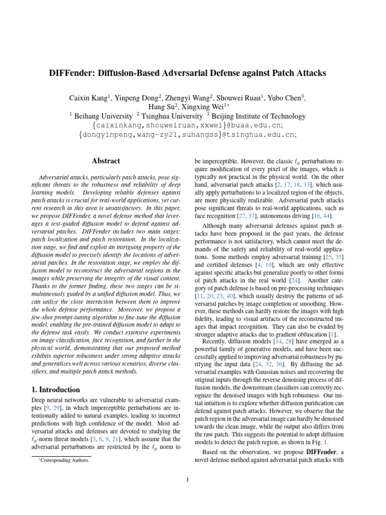 DIFFender Diffusion-Based Adversarial Defense Against Patch Attacks | PDF