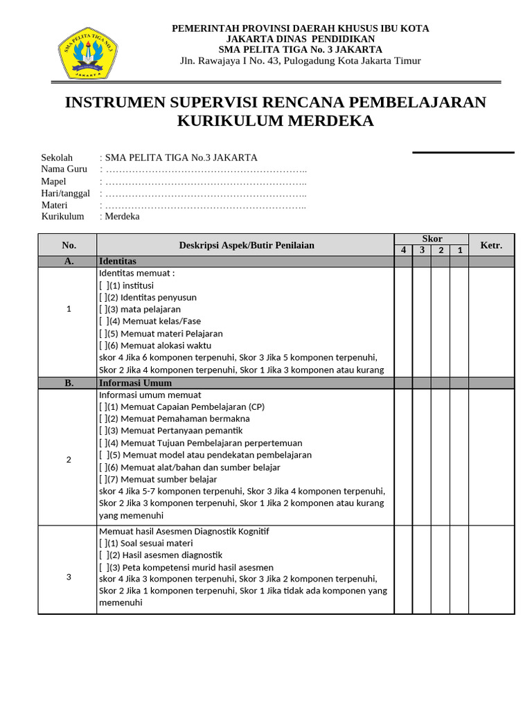 Instrumen Supervisi Rencana Pembelajaran Kurikulum Merdeka | PDF