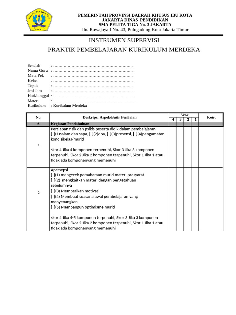 Instrumen Supervisi Praktik Pembelajaran Kurikulum Merdeka | PDF
