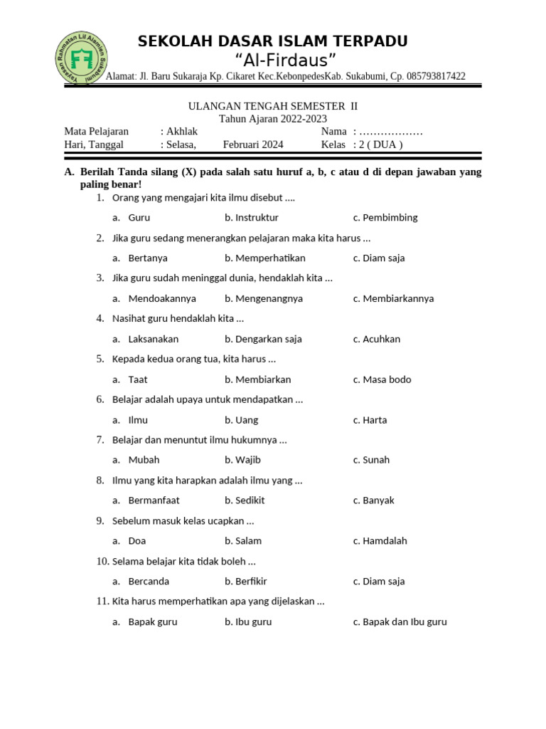 Soal PTS Maddah SMT 2 | PDF