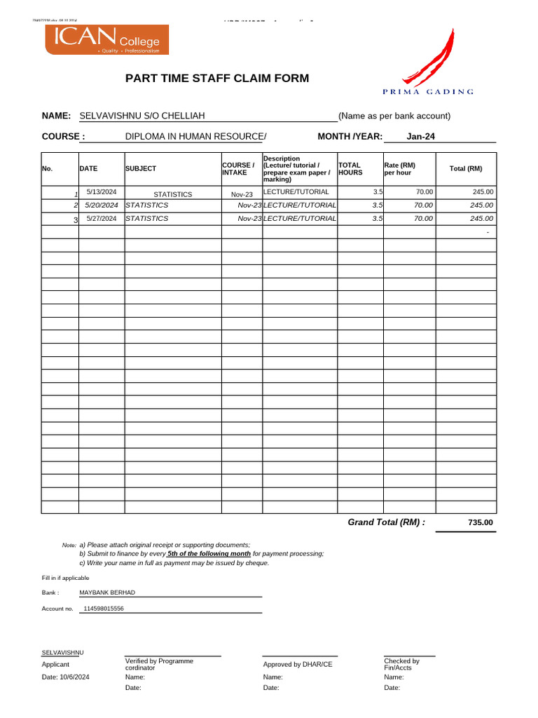 Part Time Staff Claim Form (Jan 2024) | PDF