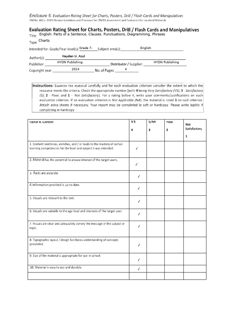 Evaluation Rating Sheet For Charts, Posters, Drill or Flash Cards and Manipulatives - Altovar | PDF