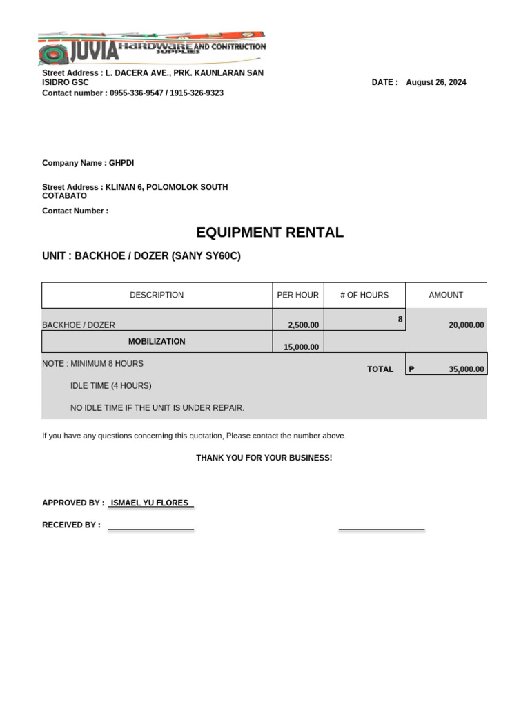 Backhoe Dozer Quotation | PDF