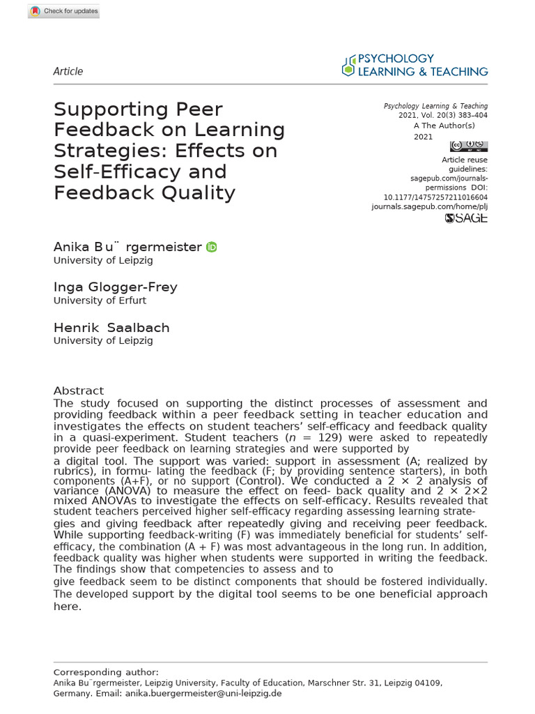 Supporting Peer Feedback On Learning Strategies Effects On Self ...