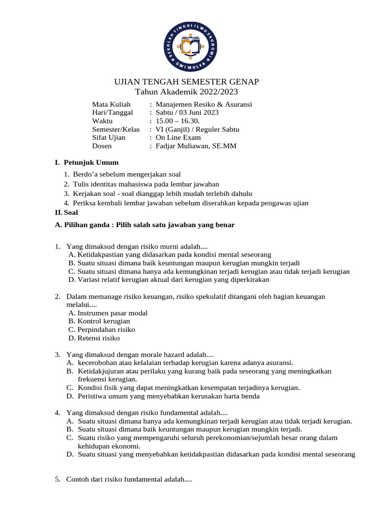 Soal Uts MNJ Resiko & Asuransi Stie DM (NR) SMT Vi (Genap) 2022-2023 | PDF