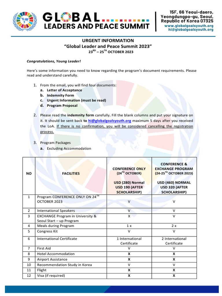 Urgent Information - Korea Global Leaders & Peace Summit | PDF