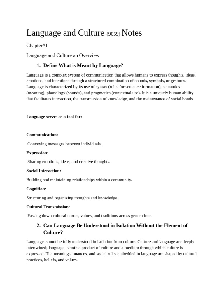 Language and Culture Notes | PDF | Kinship | Language Arts & Discipline