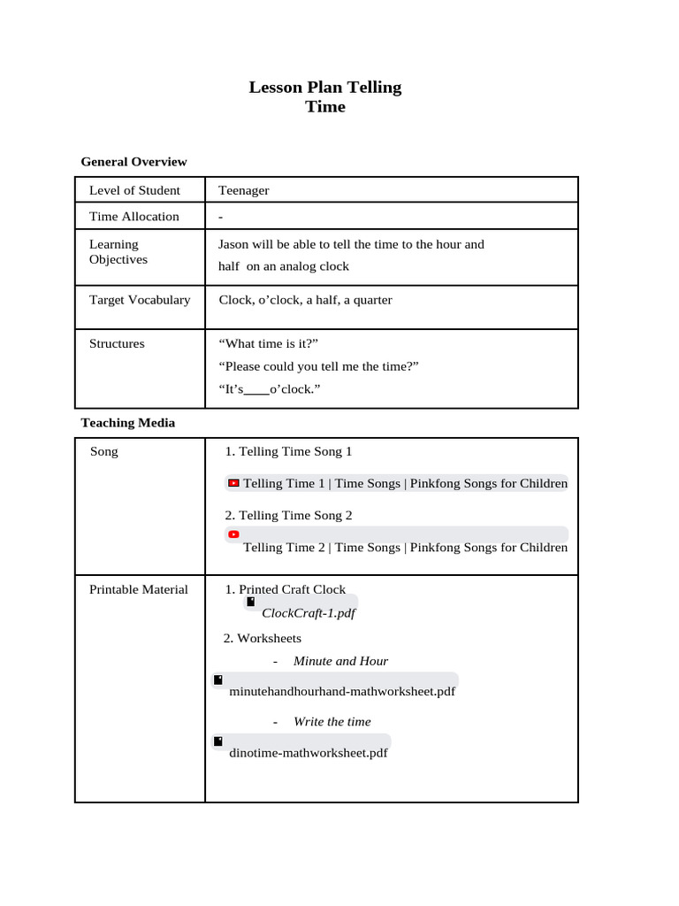 Lesson Plan Telling Time | PDF