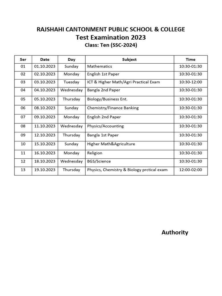 X Test Exam Routine 2023 Final | PDF