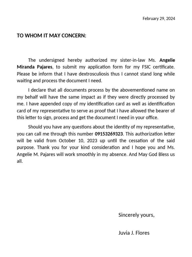 Authorization Letter for FSIC Certificate | PDF