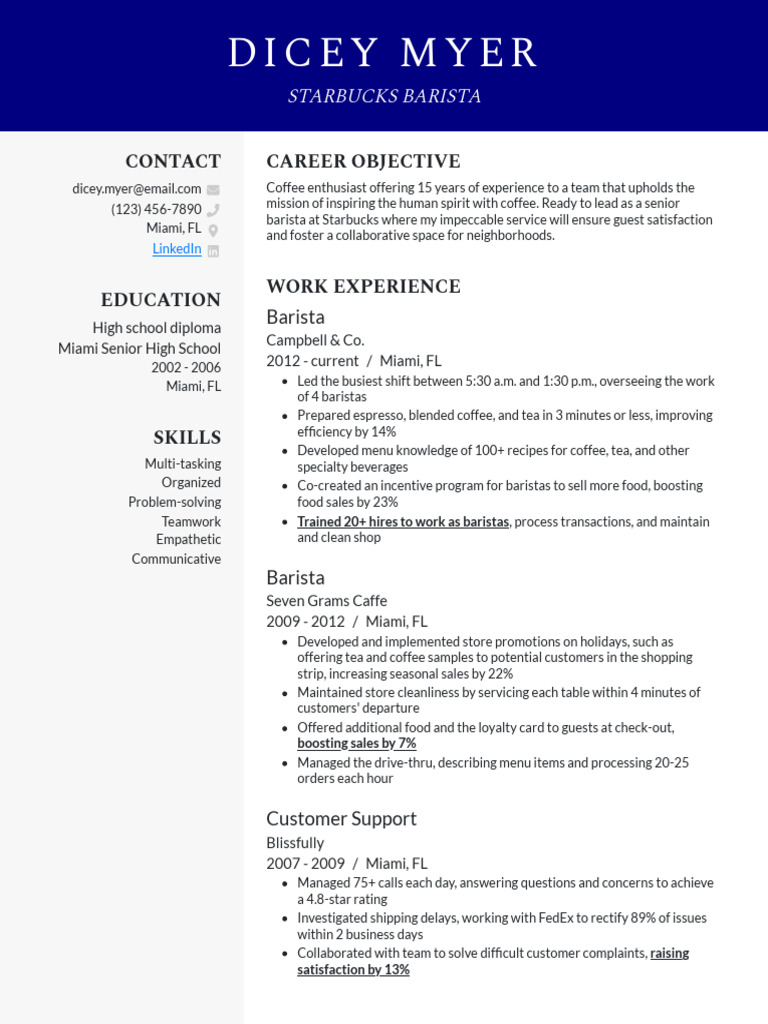 Starbucks Barista Official Resume Example | PDF | Coffee | Drink Starbucks Barista Official Resume Example | PDF | Coffee | Drink