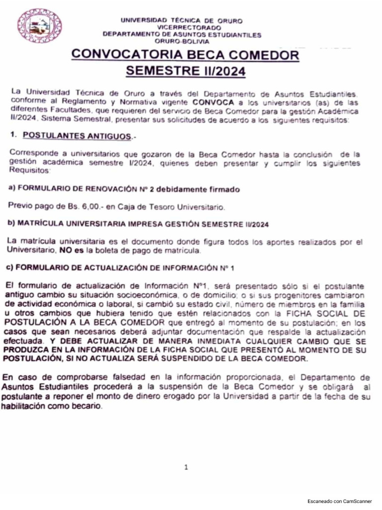 Convocatoria Beca Comedor SEM II-2024 | PDF