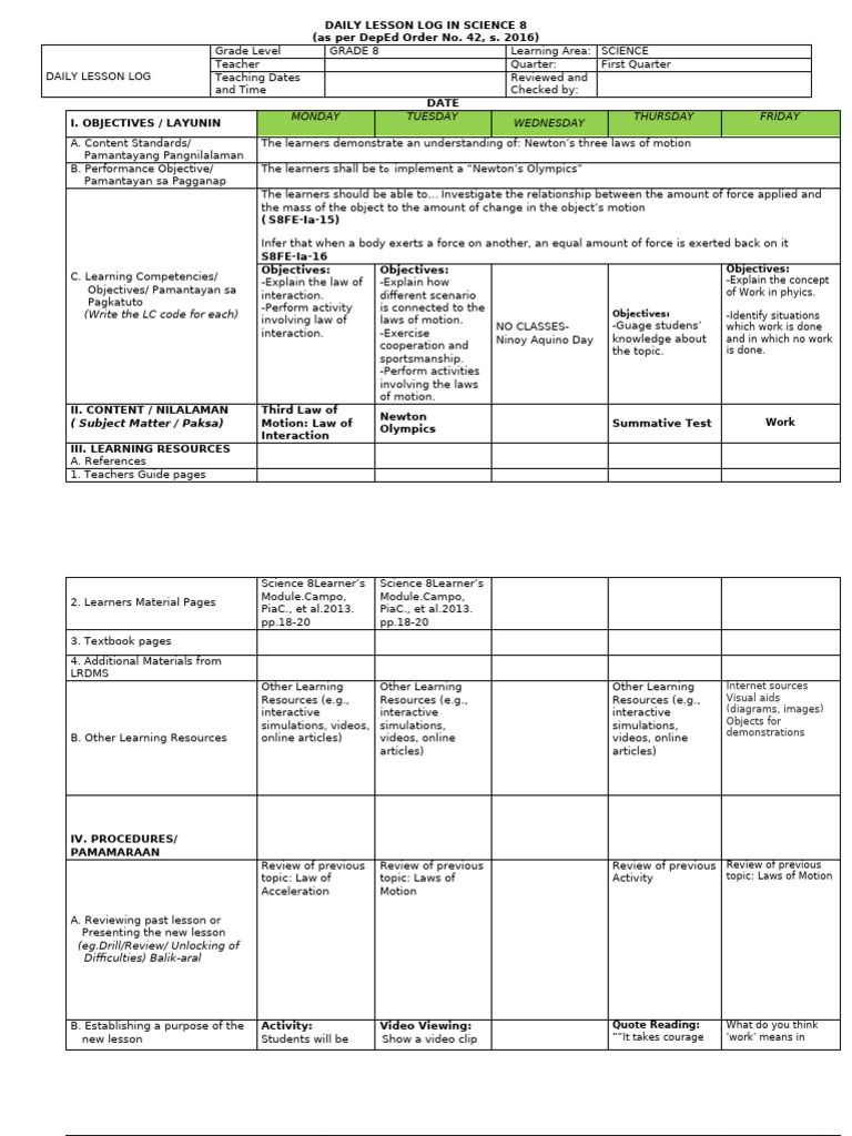 DLL Q1 Science8 Week4 | PDF | Learning | Force
