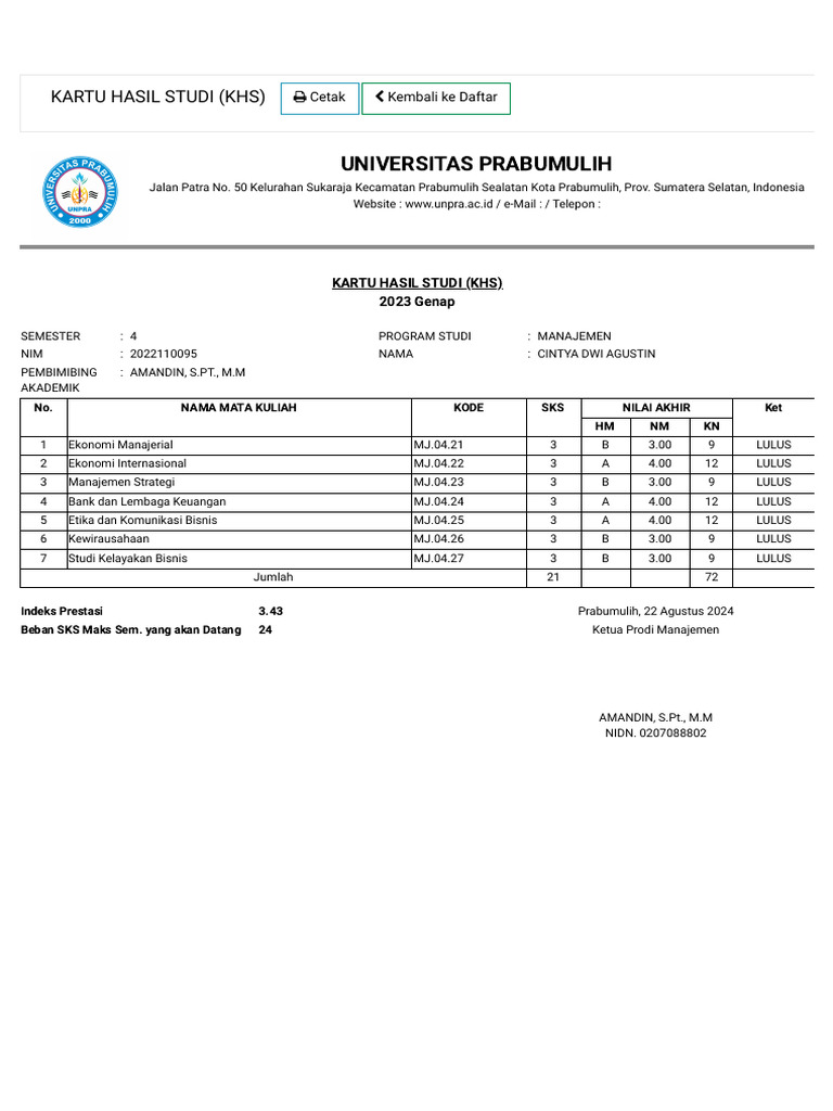 Kartu Hasil Studi (KHS) | PDF