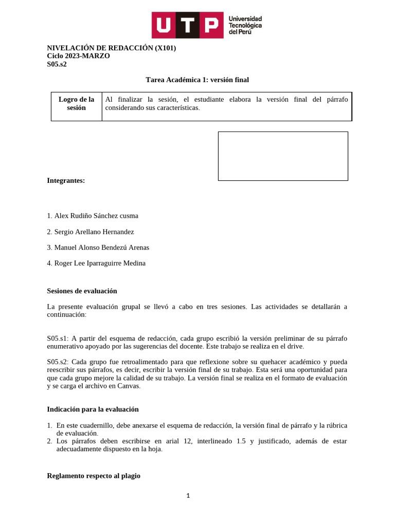 S05.s2 - Tarea Académica 1 Versión Final (Formato UTP) | PDF