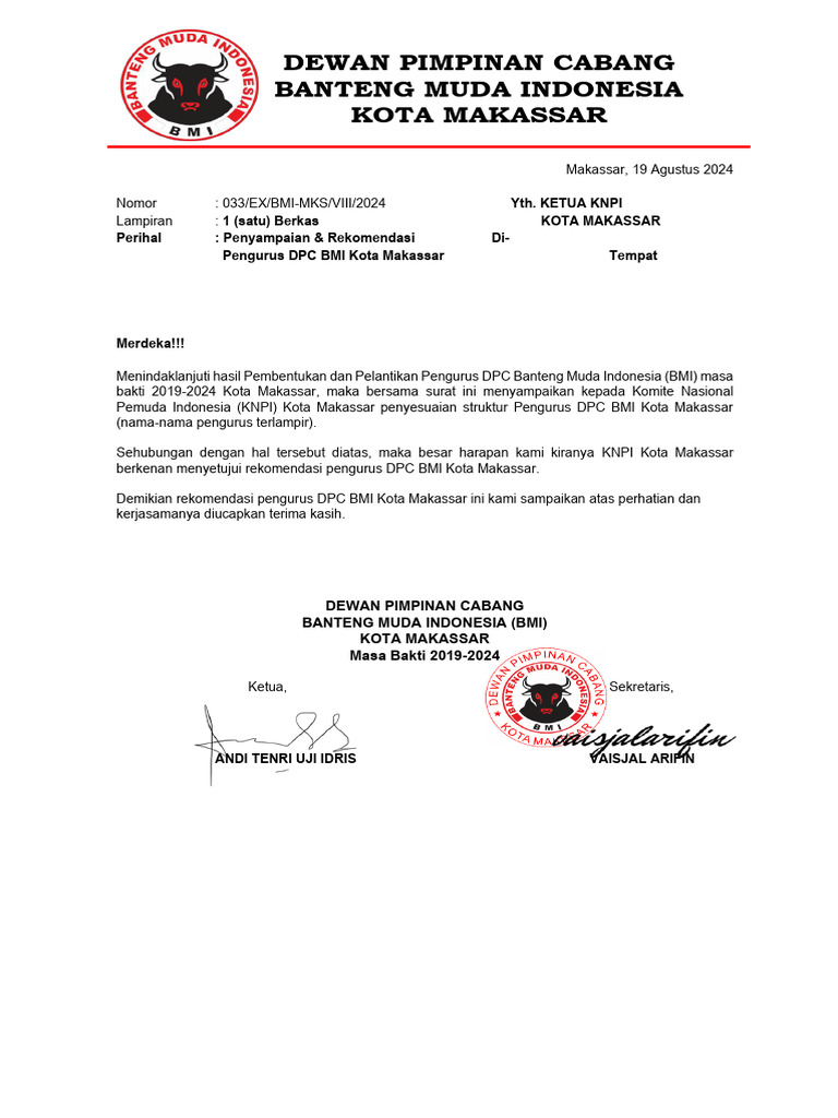 Surat & Struktur Pengurus Bmi Kota Makassar 2024 | PDF
