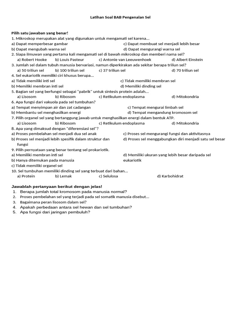 Latihan Soal BAB Pengenalan Sel | PDF