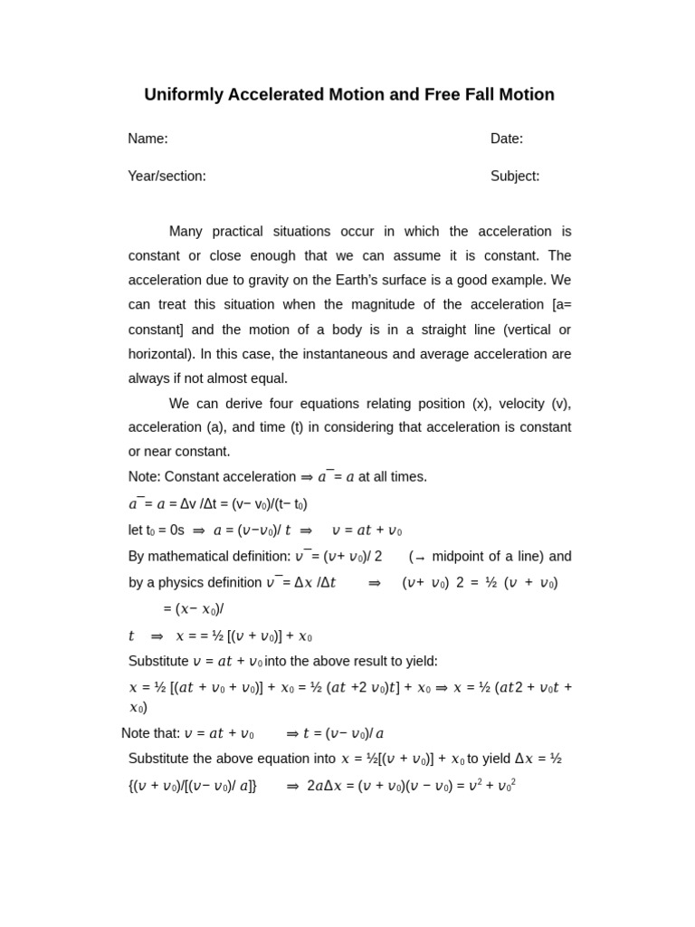 Uniformly-Accelerated-Motion-and-Free-Fall-Motion-Remedial-class | PDF