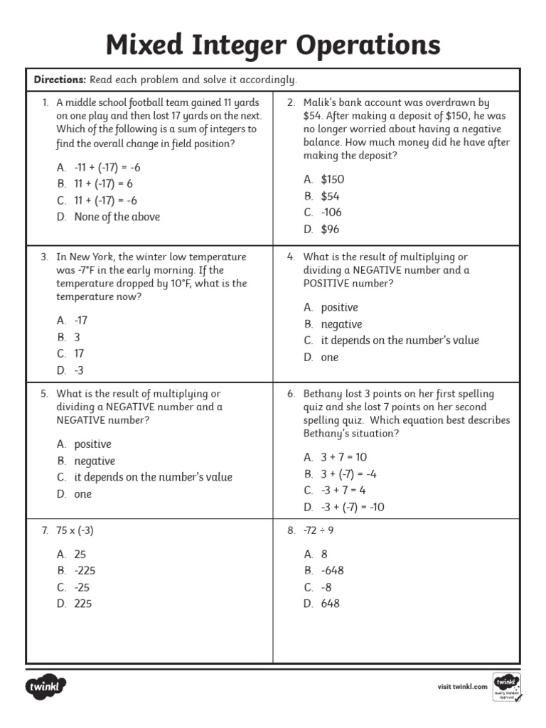 Seventh Grade Mixed Integer Operations | PDF