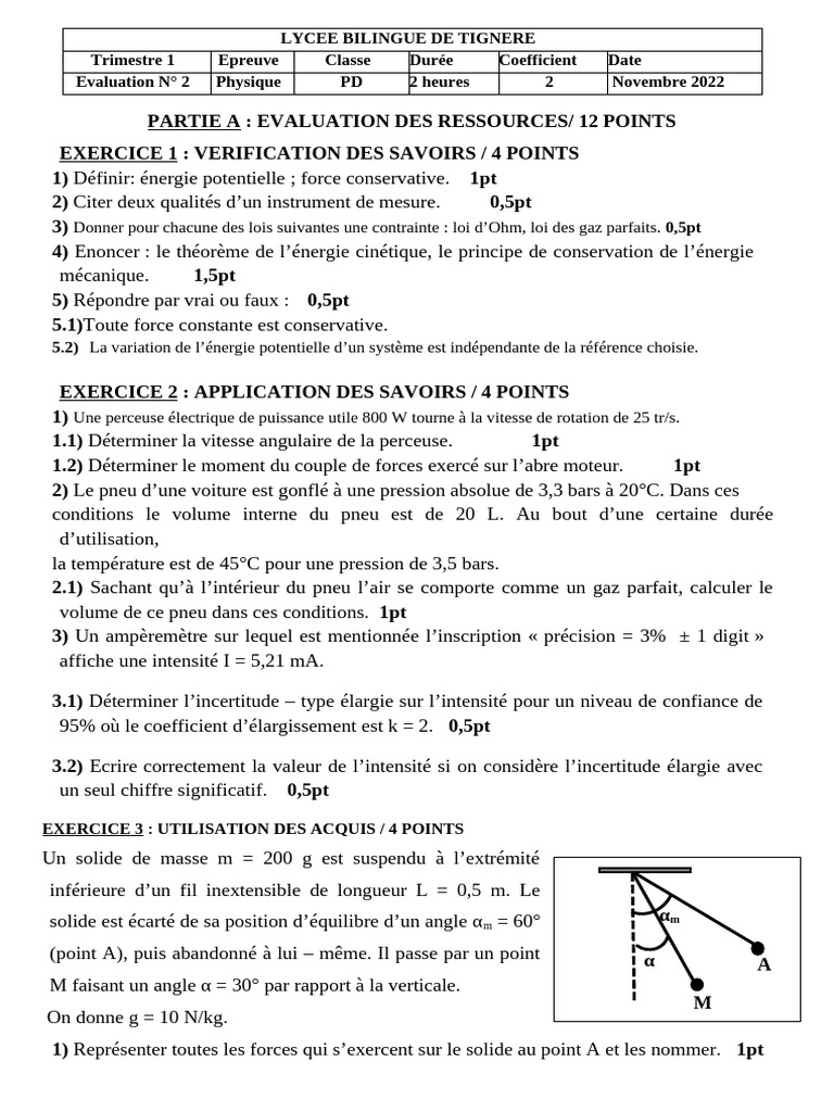Eval 2 Physique PD Le Bon 22-23 | PDF