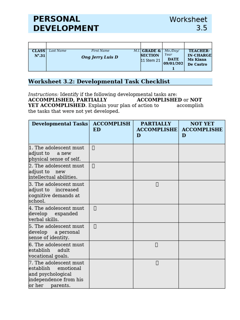 Worksheet 2 - Developmental Checklist and Action Plan | PDF