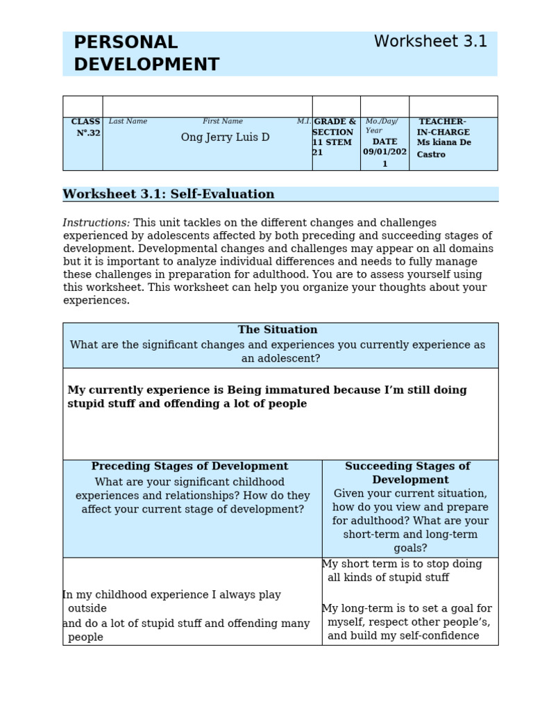 Worksheet 1 - Self-Evaluation | PDF
