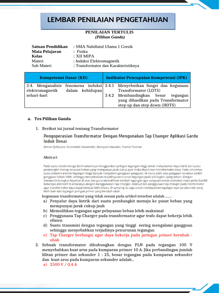 Instrumen Penilaian Transformator FARIS A.A. | PDF