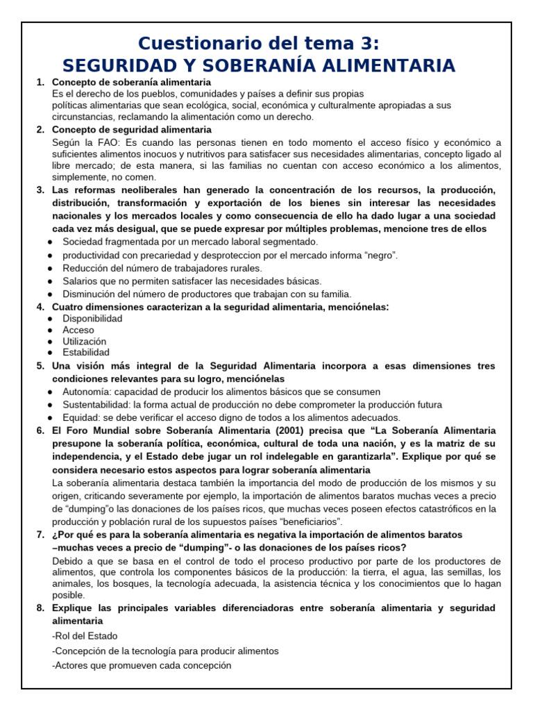 Cuestionario Tema 3 Soberania Alimentaria. | PDF | Agricultura | Alimentos