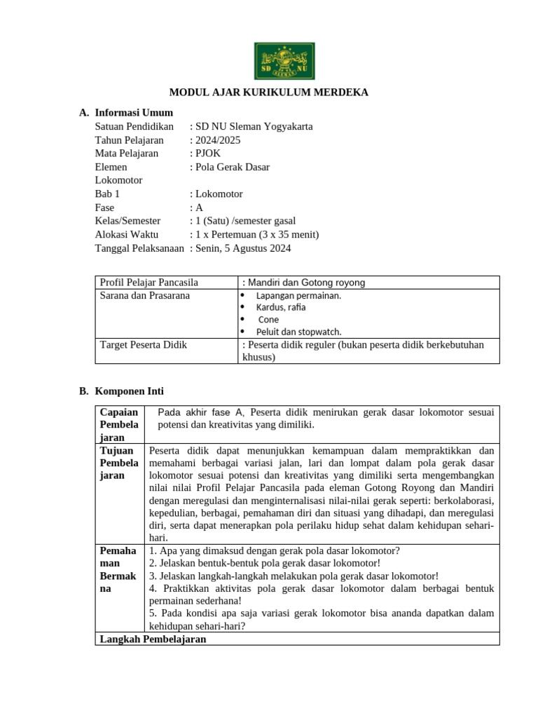 Modul Ajar 2 Kelas 1 PJOK Senam Lantai Senin, 5 Ags 2024 | PDF