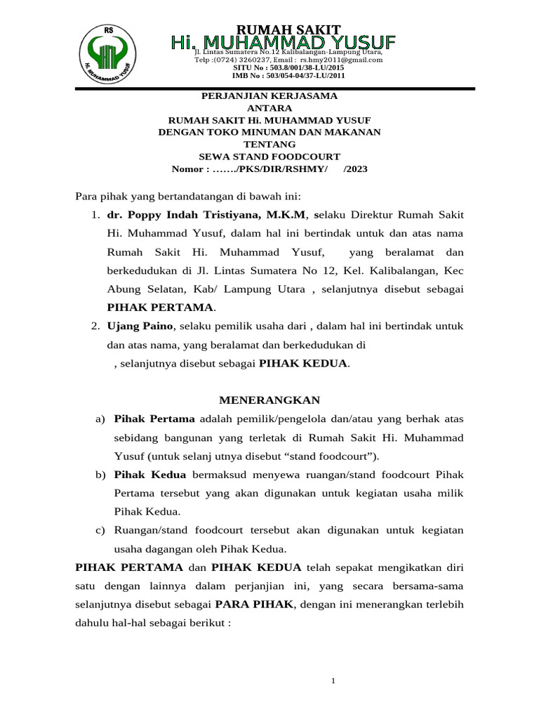 PKS Sewa Tenant Lahan Rumah Sakit | PDF