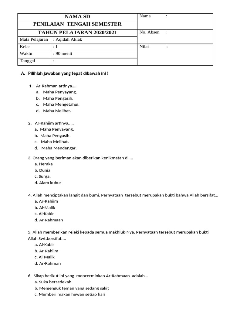 Akidah Akhlak Soal PTS Kelas 1 | PDF