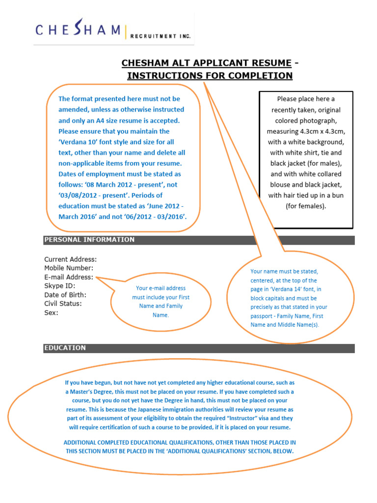 Chesham Alt Applicant Resume Instructions For Completion | PDF