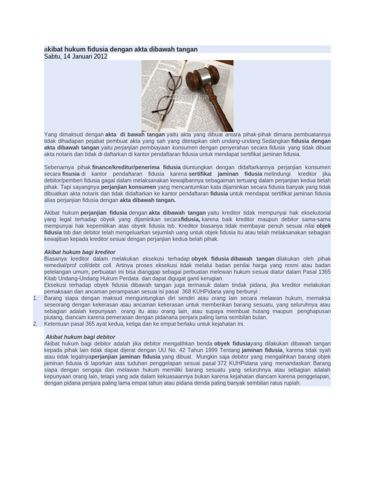 Akbat Hukum Fidusia Dengan Akta Dibawah Tangan | PDF