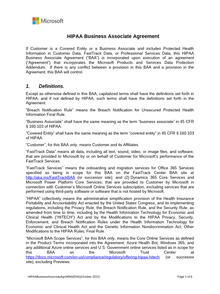 Microsoft General - HIPAA BAA (October 2021) | PDF