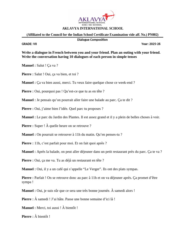 Dialogue Writing in French For Grade 7 | PDF
